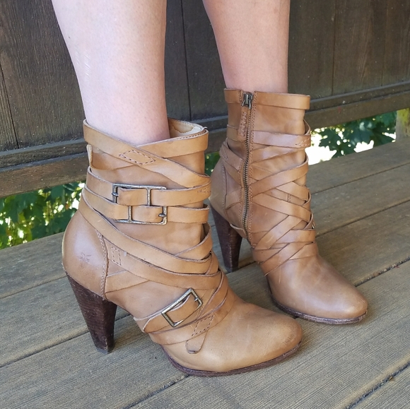 Frye | Shoes | Frye Tan Rap Around Strappy Buckle Boots With Heel And ...
